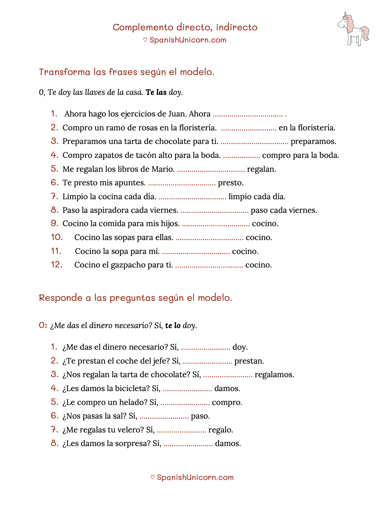Complemento directo y complemento indirecto -270. EJERCICIOS