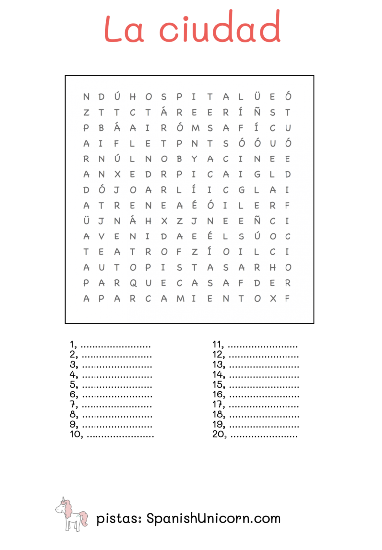 Sopa de letras - DESCARGA -298.- NIVEL A1- Spanish Unicorn