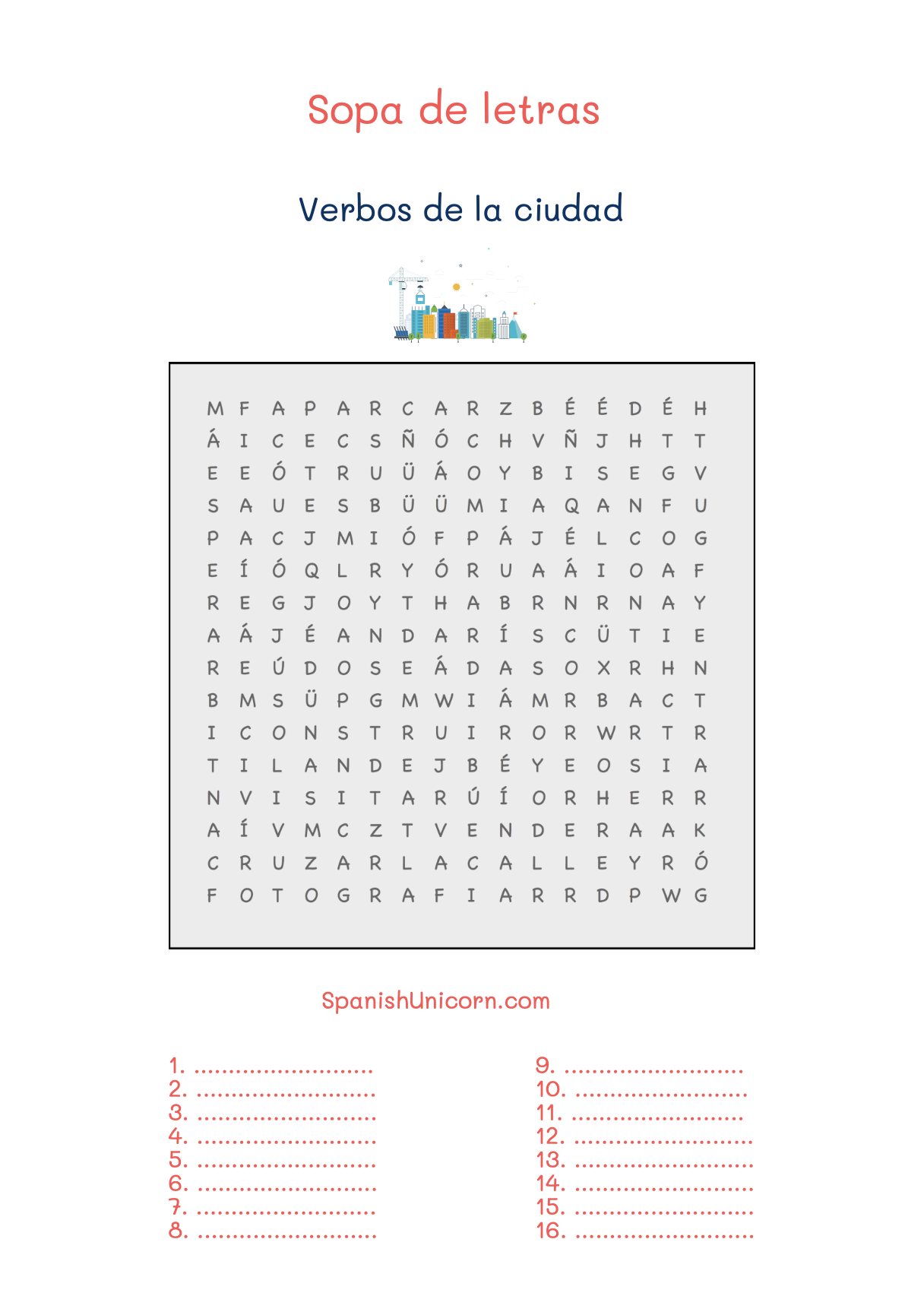 Sopa de letras de colores, ciudad -310. - Spanish Unicorn